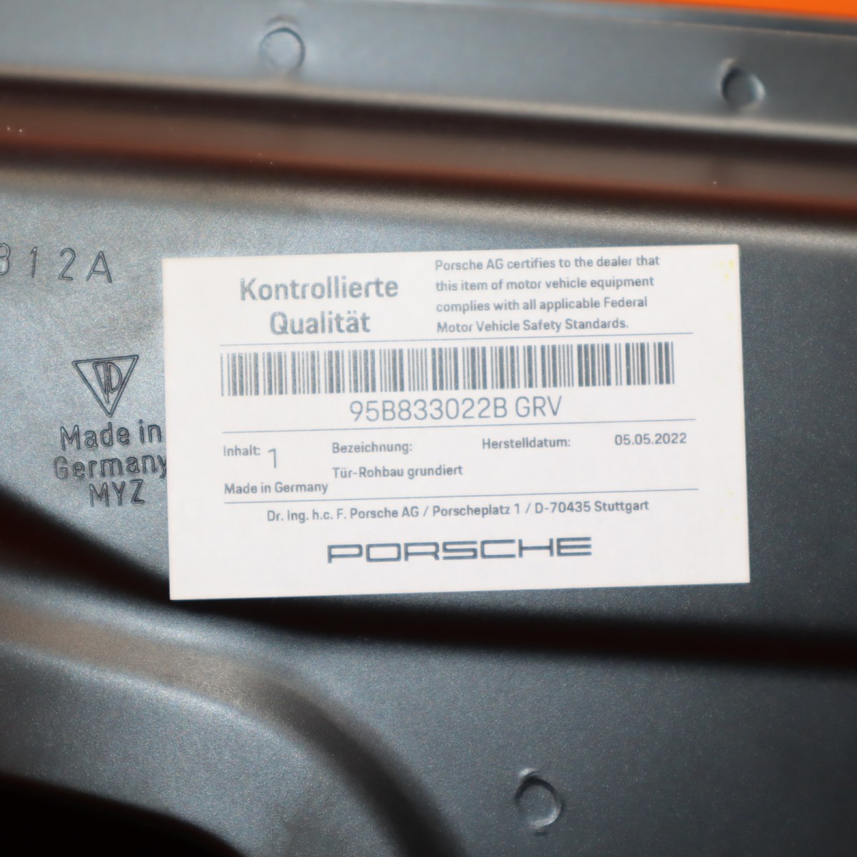 PORSCHE MACAN DOOR RIGHT REAR 2015 2016 2017 2018 2019 2020 95B833022B OEM