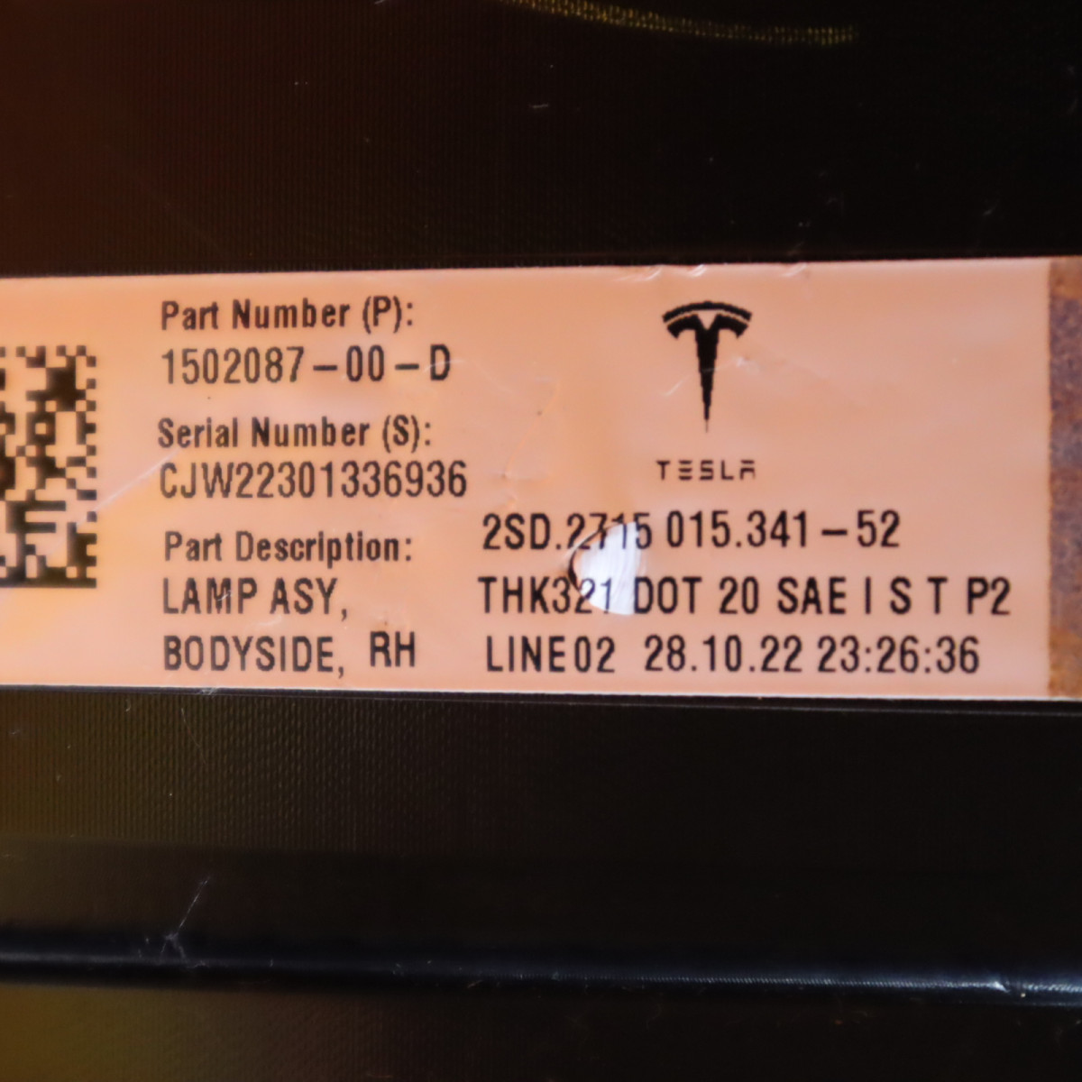 TESLA MODEL Y TAIL LIGHT RIGHT 2020 2021 2022 2023 LED 1502087-00-D OEM